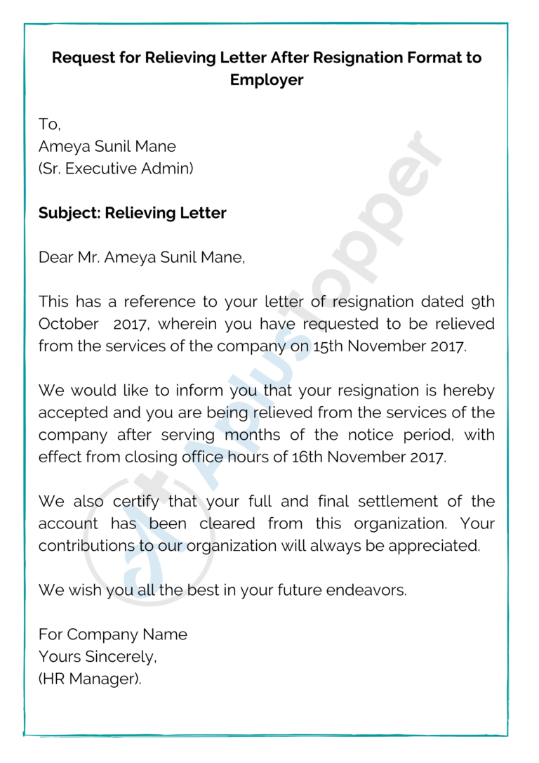 Relieving Letter Format | Relieving Letter Format, Templates and Samples