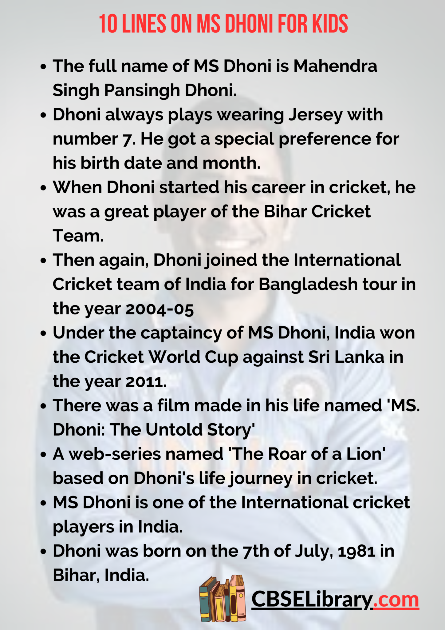 10 Lines on M S Dhoni for Students and Children in English - CBSE Library