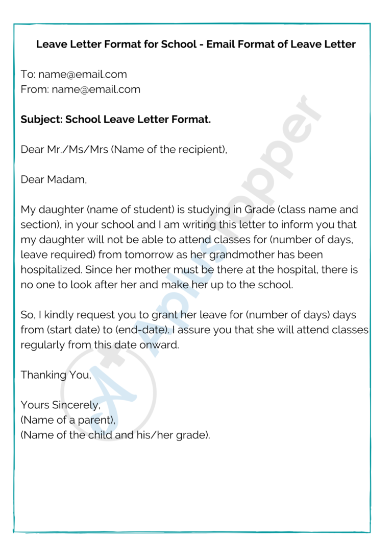 Leave Letter for School | How to Write a Leave Application for School ...
