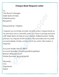 Cheque Book Request Letter | Format, Sample and How To Write Cheque ...