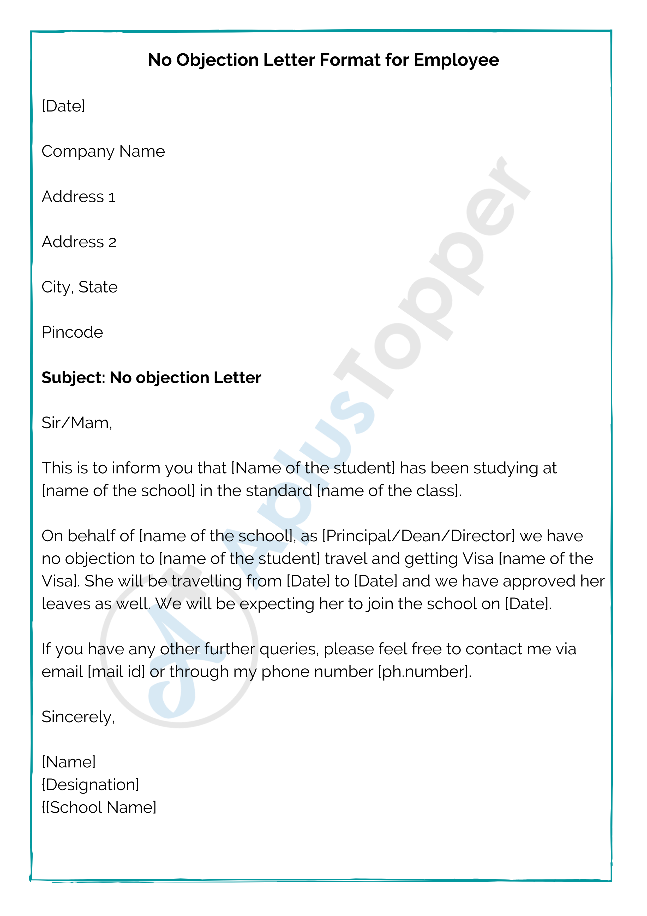 No Objection Letter | Format, Samples, How To Write No Objection Letter? - CBSE Library