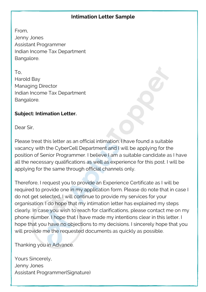 Intimation Letter | Format, Samples, How To Write an Intimation Letter? - CBSE Library