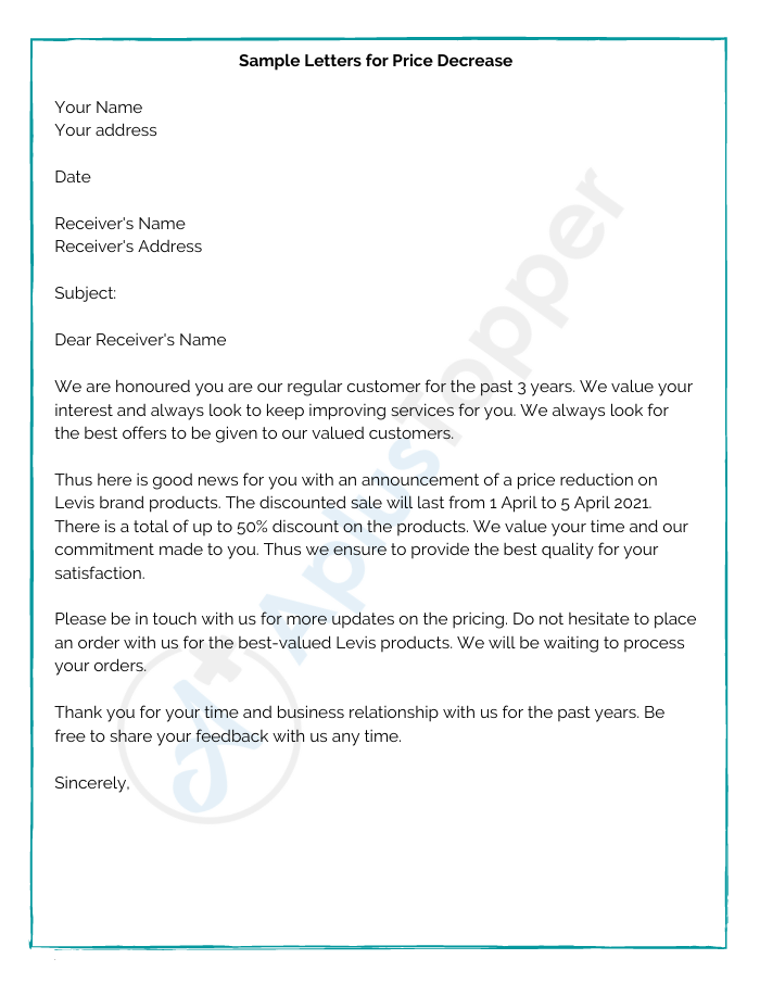 Letters To Inform Customer Of Price Decrease Examples Samples And