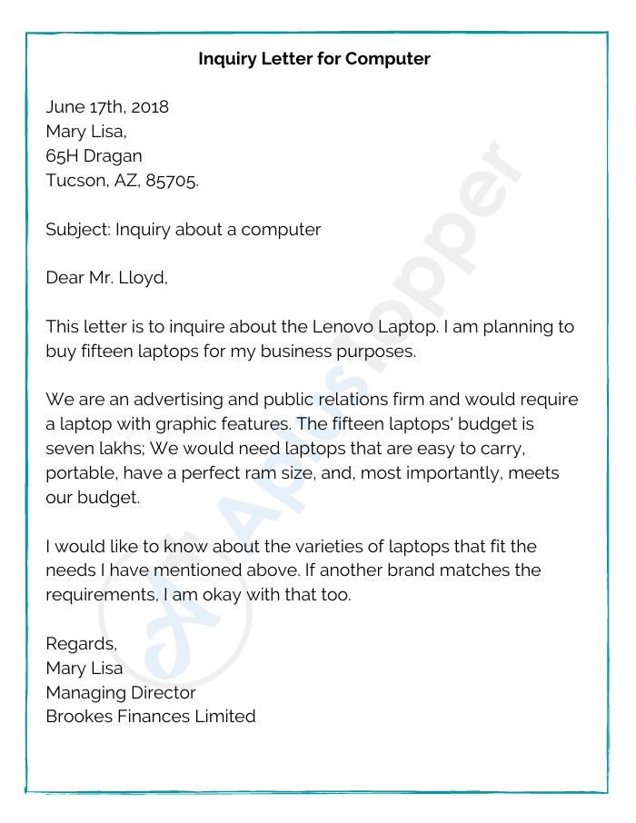 10 Sample Inquiry Letters | Examples. Format and How To Write Inquiry Letters? - CBSE Library